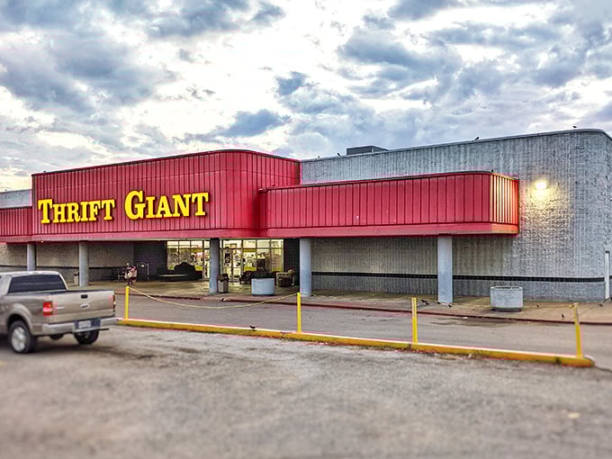 Red and yellow colors pop against the sky like a cheerful invitation to discover amazing deals.