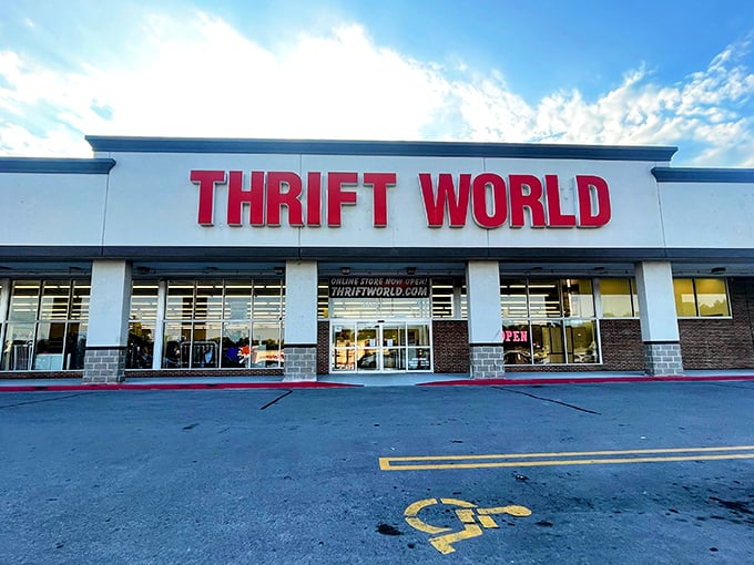 Thrift World's massive red letters command attention against the blue sky. This isn't just a store—it's an entire secondhand planet to explore!