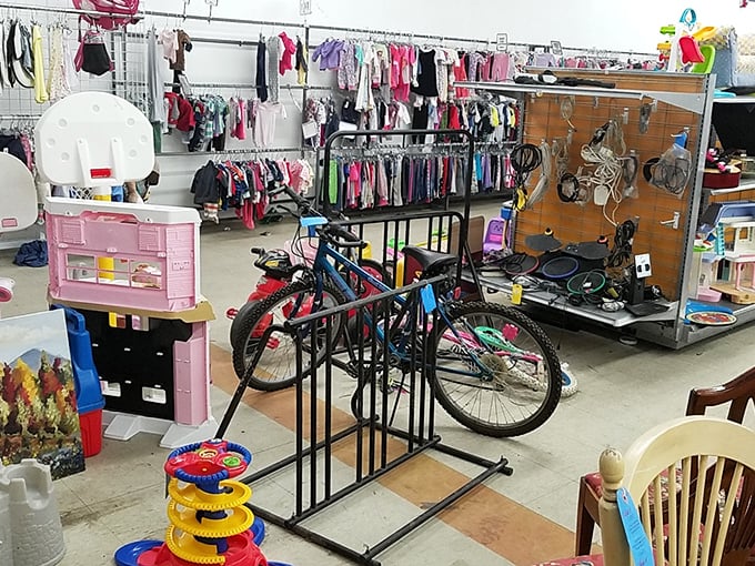 Inside this organized wonderland, bicycles and household treasures create a shopper's paradise of possibilities.