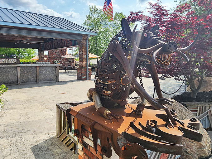 The metal pig sculpture outside Bad Brads isn't just art – it's a preview of the pork perfection waiting inside.