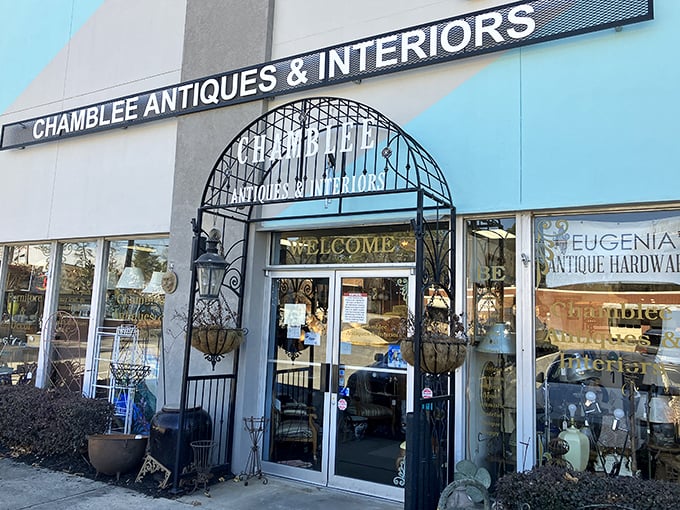The welcoming storefront of this antique row gem promises hours of delightful treasure hunting.