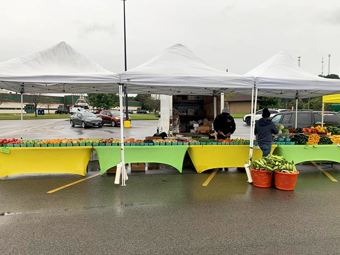 Fresh produce creates a rainbow of colors under market tents—nature's bounty displayed like edible jewels.