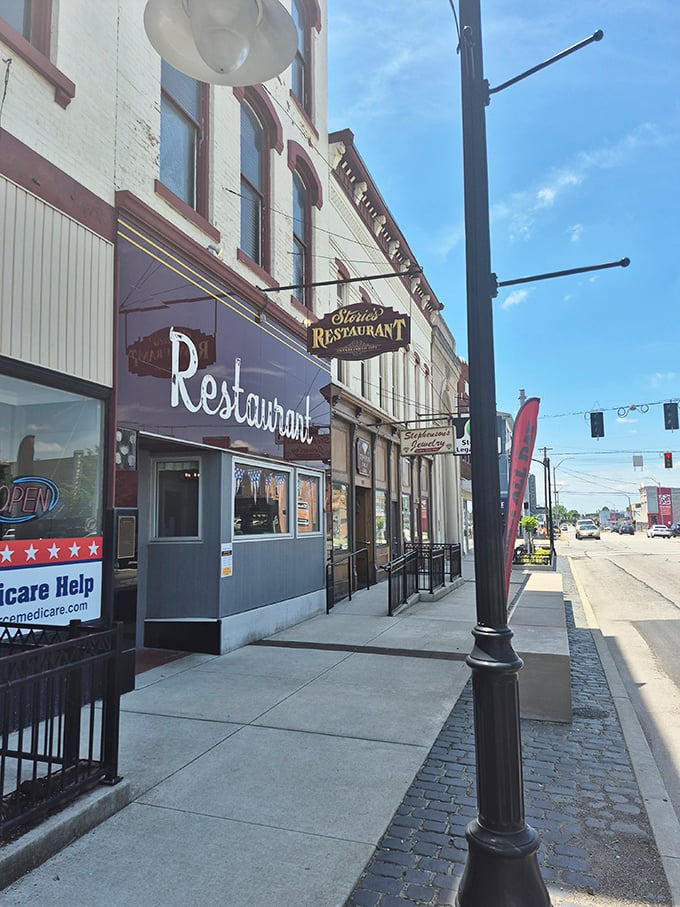 Historic storefronts line Greensburg's main street, where window shopping doesn't have to stay at the window on a fixed income.