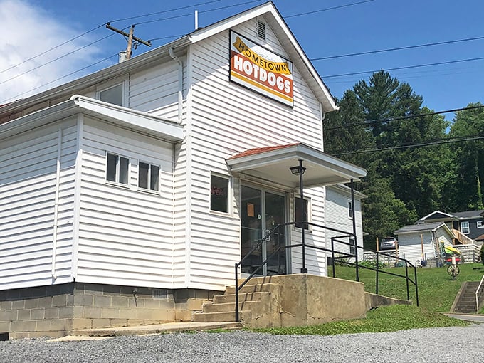The side view shows this hot dog sanctuary in all its glory – simple, welcoming, and promising salvation for hungry souls.