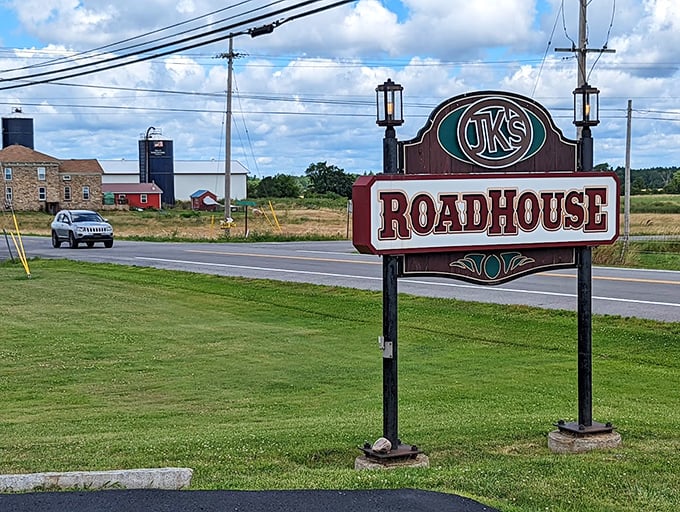 That roadhouse sign doesn't lie—inside you'll find hearty portions and beef cooked exactly how you want it.