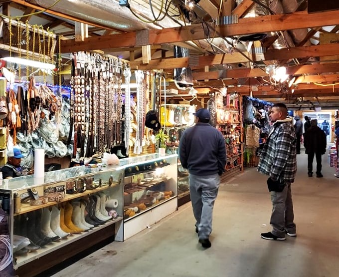 Inside, the market corridors are lined with everything from cowboy boots to handcrafted jewelry.