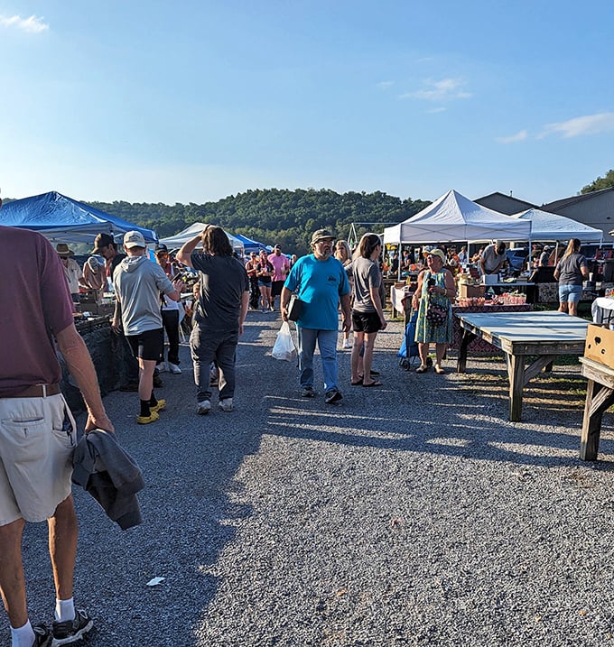 The original social network. Shoppers connect over shared interests while browsing items spread across the grass at Leighty's.