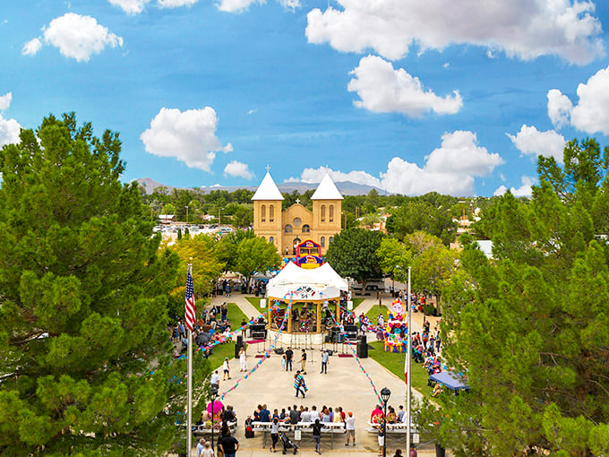 The Basilica of San Albino watches over Mesilla's plaza, its twin towers standing like exclamation points at the end of history's sentences.