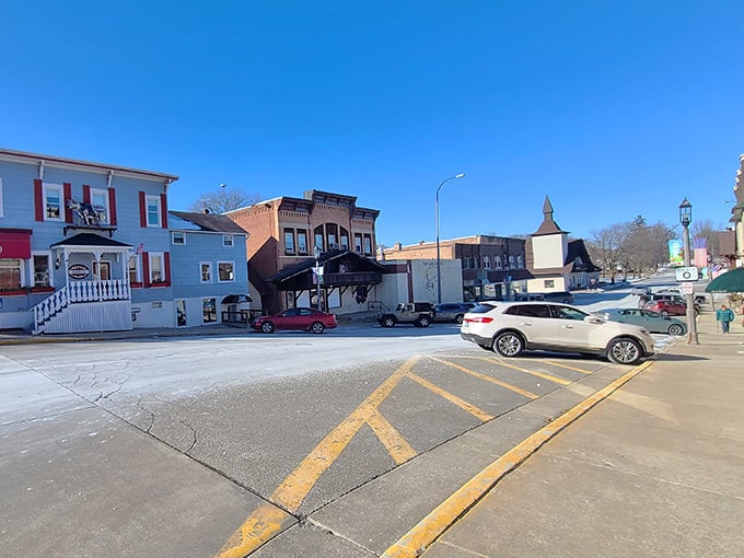 Blue skies and Swiss vibes! New Glarus delivers old-world charm with new-world convenience—that church spire in the distance practically yodels "welcome home" to visitors.