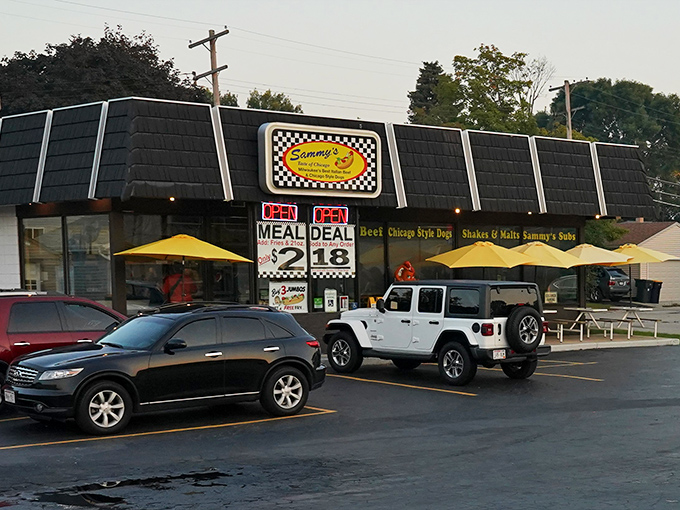 Those yellow umbrellas aren't just for show—they're perfect for shading your Chicago-style masterpiece at Sammy's.