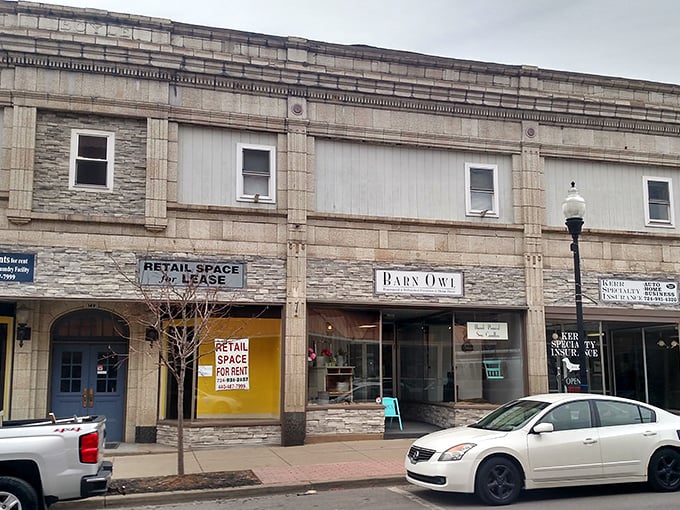 This Sharon storefront shows the honest charm of small-town Pennsylvania, where "retail space for lease" means opportunity, not abandonment.