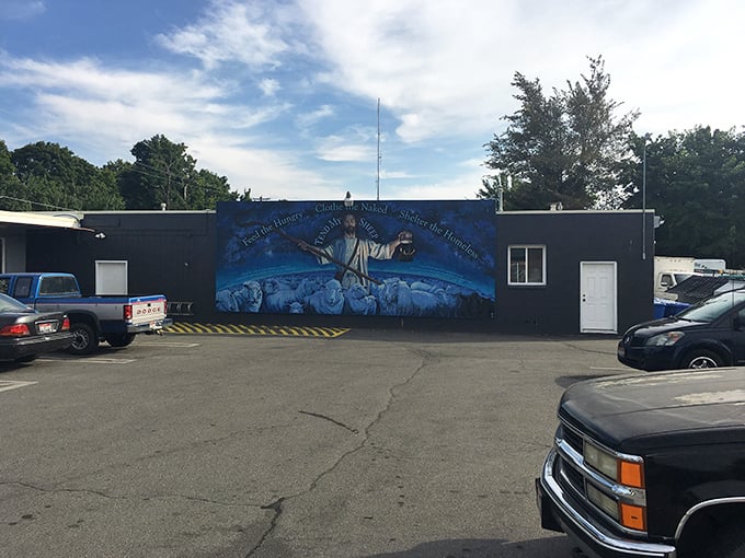 The striking mural at St. Vincent's reminds us that thrifting isn't just about finding deals—it's about supporting community missions too.