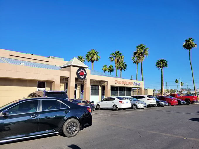 Palm trees frame The Boiling Crab like nature's exclamation points – "Amazing seafood happening here!"