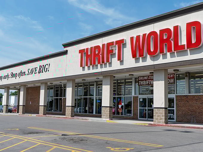 "Shop early. Shop often. SAVE BIG!" The motto says it all at this thrift superstore. The expansive facade hints at the treasures waiting inside.