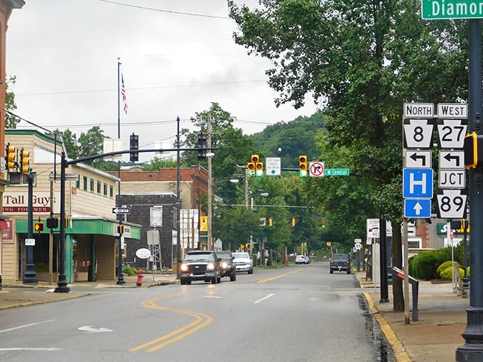 Titusville's peaceful main street showcases affordable small-town living with mountains in the background—perfect for retirees on a budget.