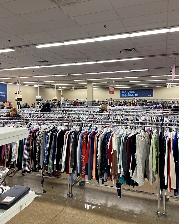 Inside, endless racks create a clothing wonderland where designer dreams meet budget-friendly reality perfectly.