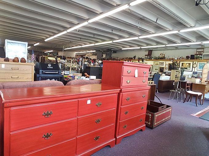 Those red dressers aren't just furniture—they're conversation pieces waiting for their next story to begin.