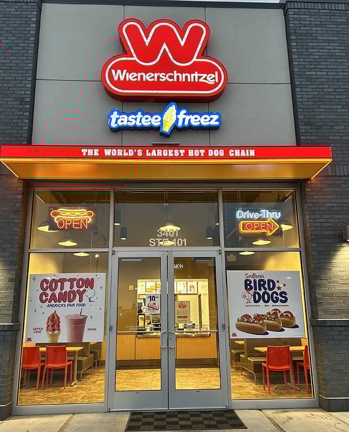 Wienerschnitzel's illuminated storefront beckons night owls. Those "Open" signs are speaking directly to your stomach!