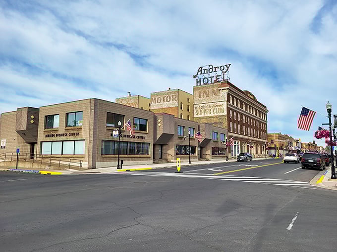 Downtown Hibbing's architectural character blends historic preservation with small-town functionality, anchored by the stately Androy Hotel's enduring presence.
