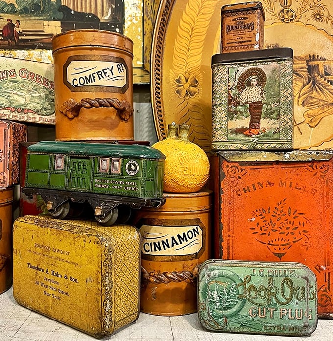8. advertising Vintage advertising tins that make modern packaging look downright boring. That tiny mail railway car is practically begging to hold your cufflinks.