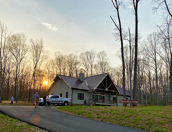 Pigeon Run Lodge glows in the golden hour light. After a day of hiking, this rustic retreat looks better than any five-star hotel.