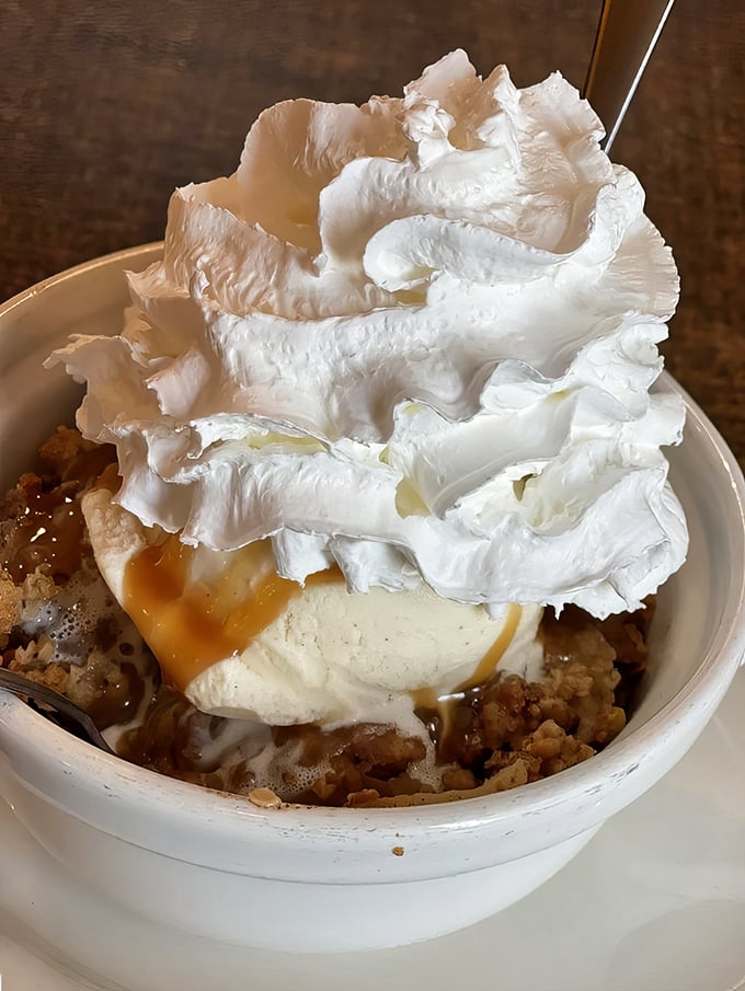 Not just apple crisp—it's apple crisp that's achieved its final form, crowned with ice cream and enough whipped cream to make your cardiologist wince approvingly.