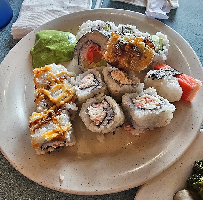 Sushi that defies buffet expectations – fresh, colorful rolls that would make even coastal snobs nod in surprised approval.