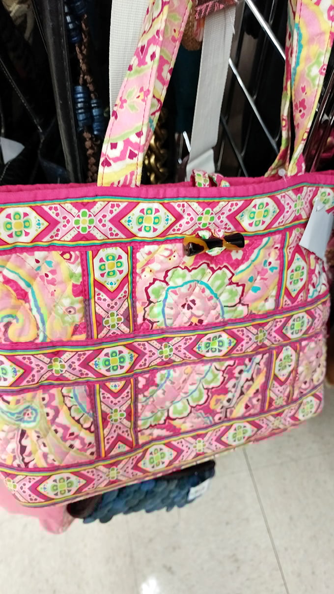 A vibrant patterned tote that screams "summer vacation"—even in December. Someone's beach bag becomes your farmers market companion.