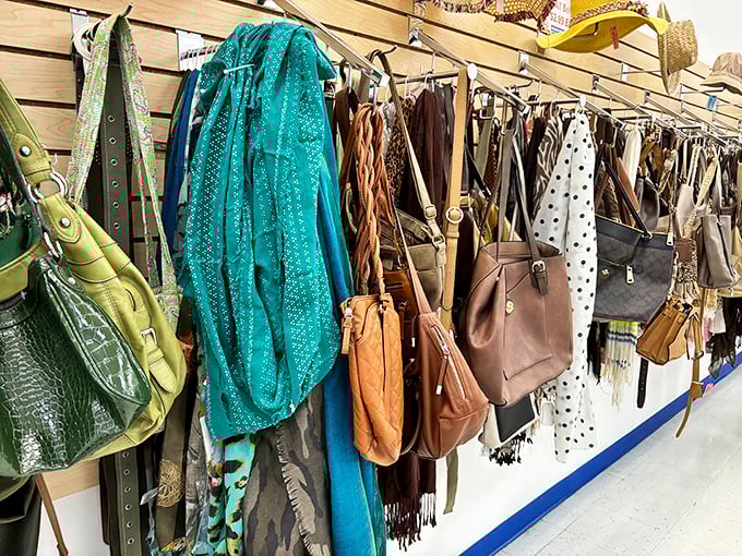Handbag alley—where designer dreams and practical carryalls coexist in leather-bound harmony. Your next favorite purse is hiding here somewhere.