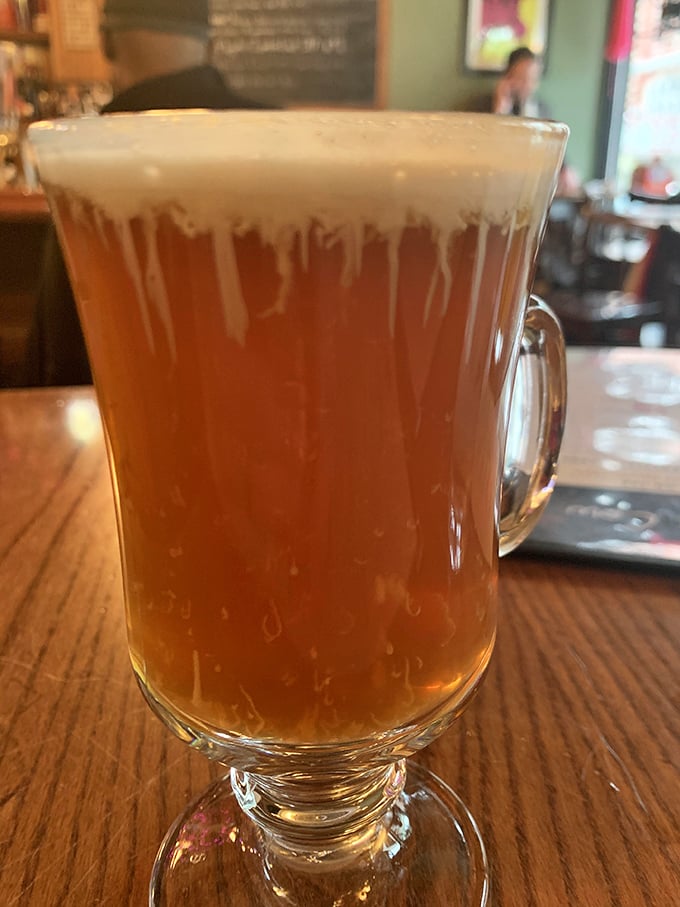A proper Wisconsin beer, served in a glass that says, "Take your time, friend. The outside world can wait."