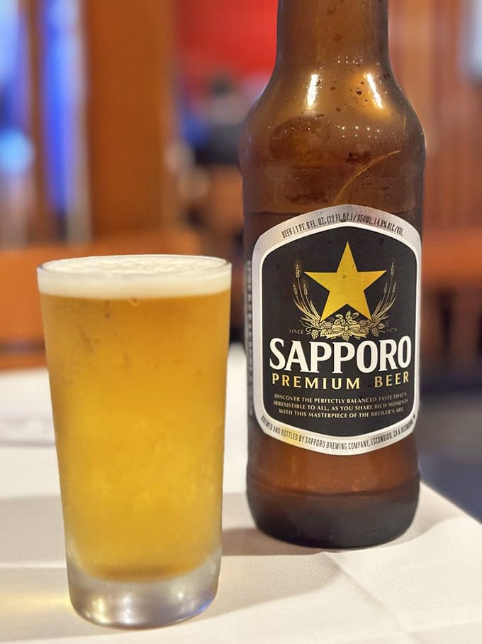 Nothing complements fresh fish quite like Sapporo's crisp effervescence—the beer's golden clarity matching the precision of everything else at Sushi Gen.