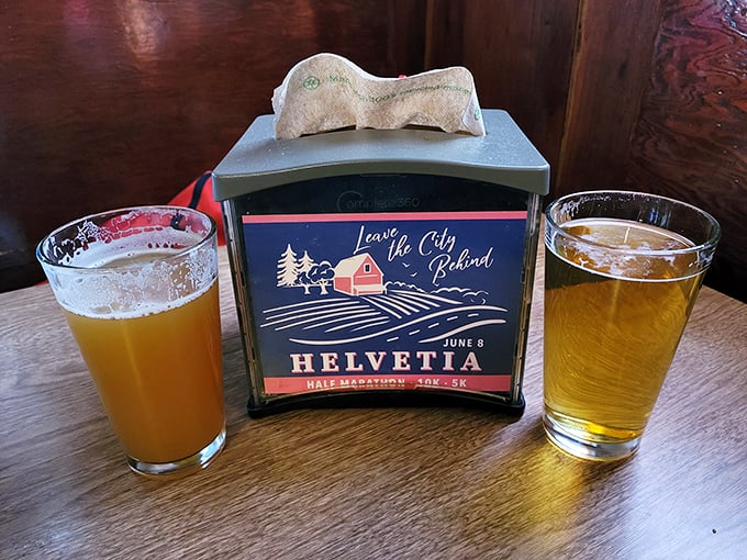 Local brews and a nod to the Helvetia Half Marathon—because you'll need to run one after eating here. Balance in all things.