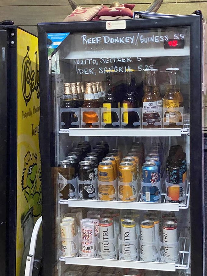 The beer fridge—or as I like to call it, "the adult version of a treasure chest." That Reef Donkey/Guinness combo is calling your name from behind the glass.