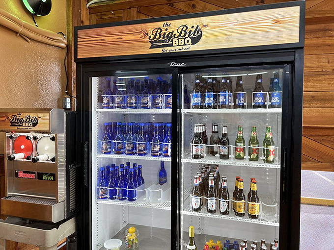 The beer fridge—where hope is kept cold and dreams come in bottles. After all, great barbecue deserves equally thoughtful liquid companionship.