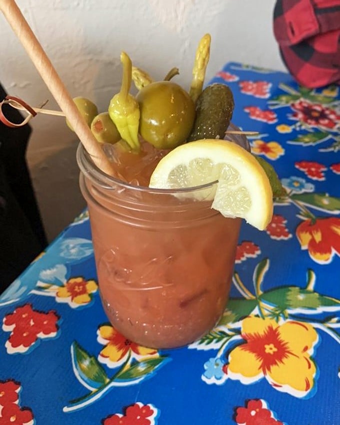 A Bloody Mary that's practically a meal unto itself, garnished with enough pickled vegetables to count as your daily serving of greens.