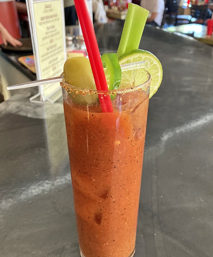A Bloody Mary that's practically a meal – spicy, substantial, and garnished with enough vegetation to count as your daily serving of greens.