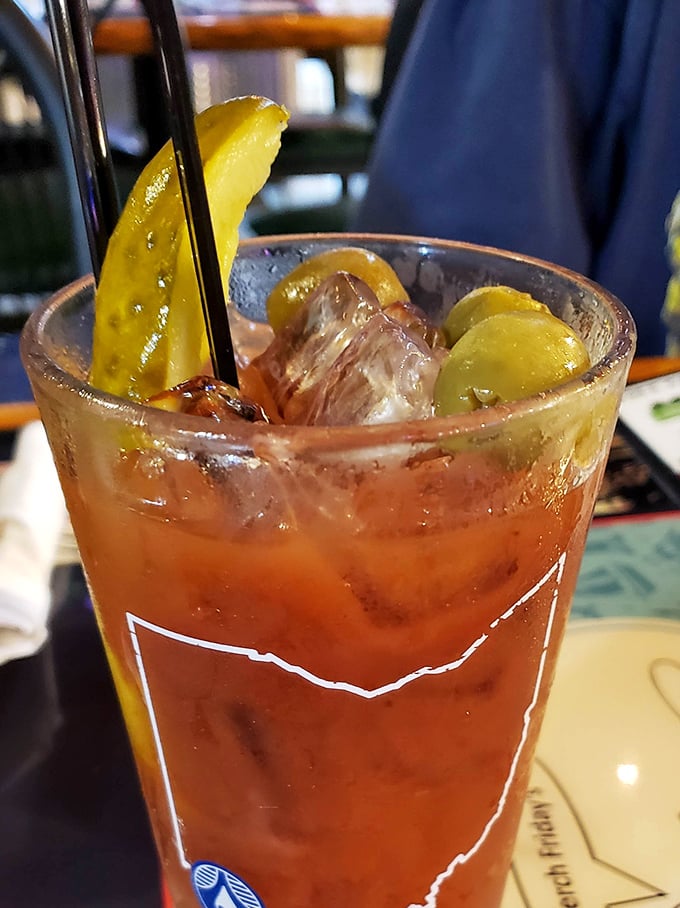 A Bloody Mary that doubles as a produce section—garnished with enough pickles to count as a serving of vegetables. Vacation in a glass!