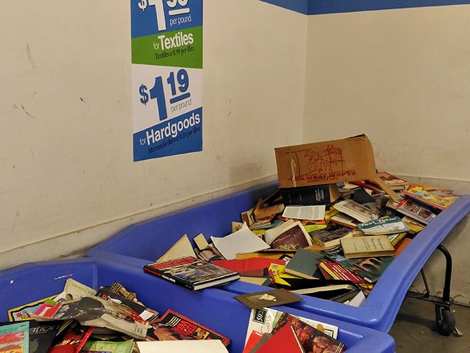 The blue bins operate on a more primal level of commerce—merchandise sold by weight, transforming shopping into something closer to mining for gold.