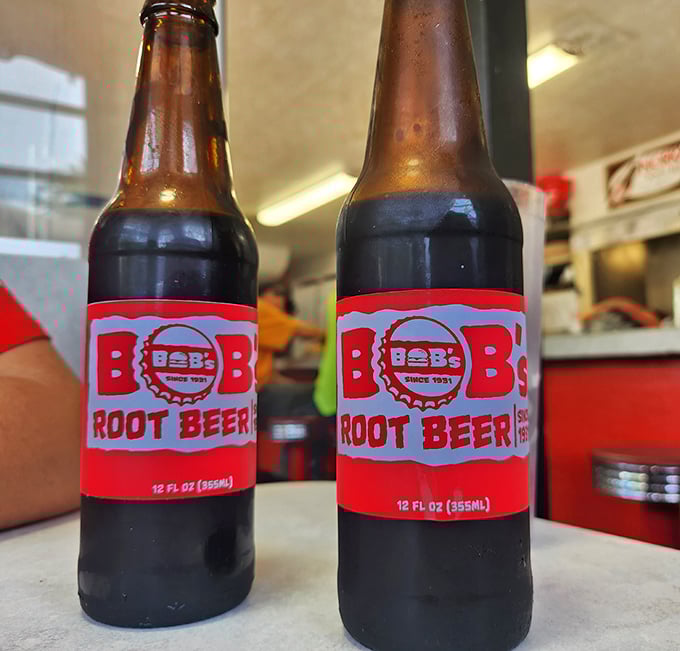 Bob's Root Beer in vintage-style bottles—proving that sometimes the best pairing for an American classic is another American classic.