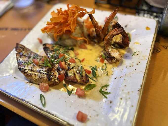 This isn't just fish—it's culinary artistry. Mahi Mahi bathed in a buttery sauce, garnished with fresh herbs and crispy accents.