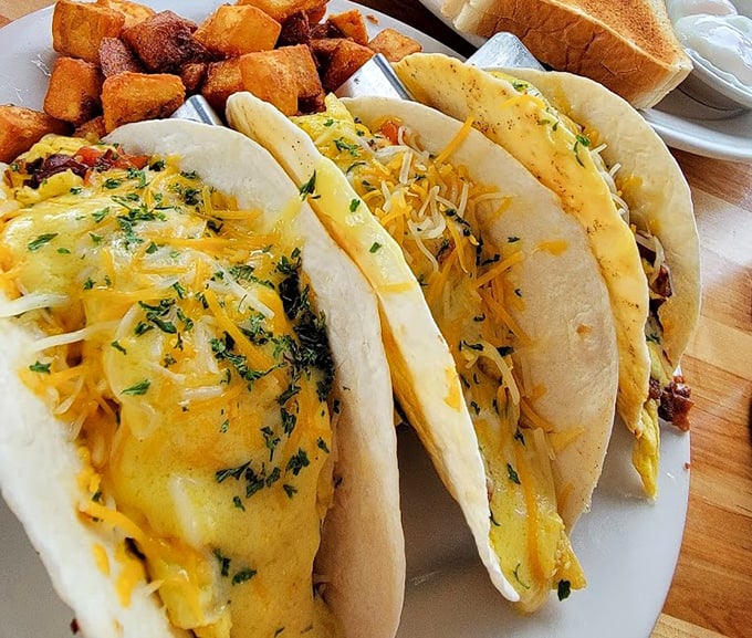 Breakfast tacos that make you question why we ever relegated tacos to lunch and dinner—morning tortillas filled with sunshine.