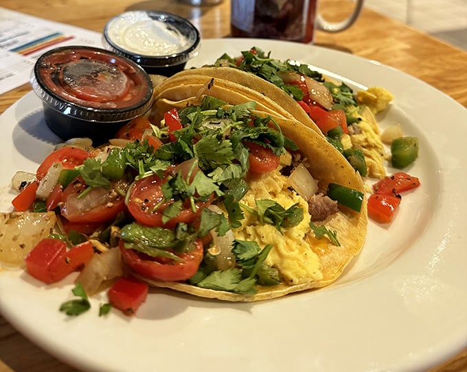 Breakfast tacos that bridge the gap between morning and afternoon – a fiesta of colors, textures, and flavors that dance across your palate.