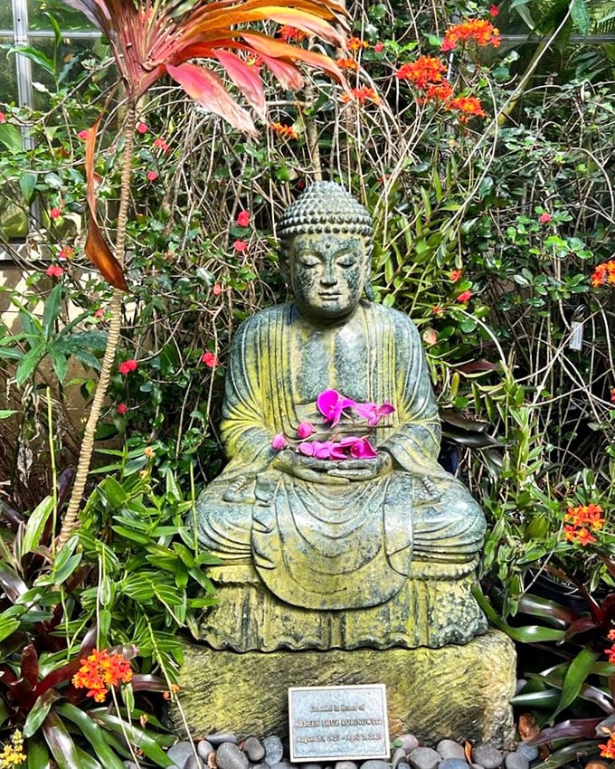 This peaceful Buddha, adorned with orchid offerings, reminds visitors to stop and breathe – something we could all use more of.