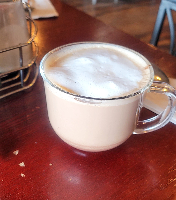 Coffee served in a clear mug – because when it's this good, it deserves to be seen, appreciated, and promptly Instagrammed by your grandkids.