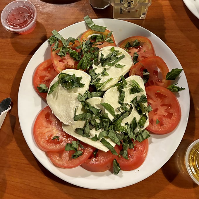 Fresh mozzarella and tomatoes sprinkled with basil—proof that sometimes the simplest combinations create the most profound flavors.
