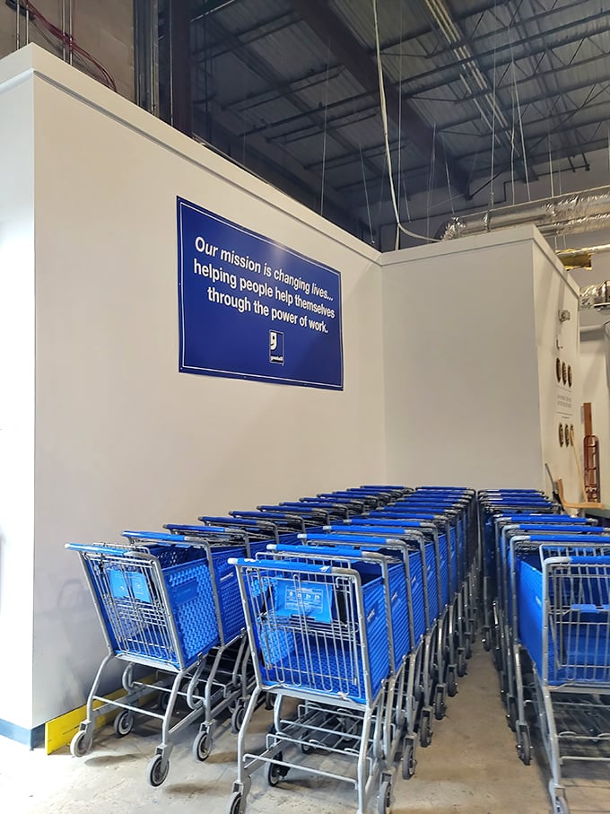 "Our mission is changing lives..." The shopping carts stand ready for your thrifting marathon, while the sign reminds you of the purpose.