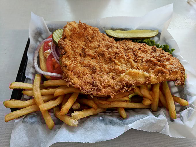 This isn't just a tenderloin—it's an edible frisbee of crispy, golden perfection that makes you wonder why anyone would ever eat anything else.