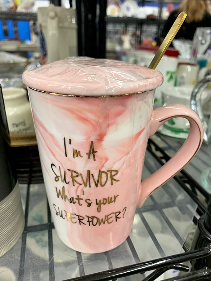 Even mugs tell stories here—this pink marble "Survivor" cup might inspire your morning coffee ritual while saving you from overpriced cafe habits.