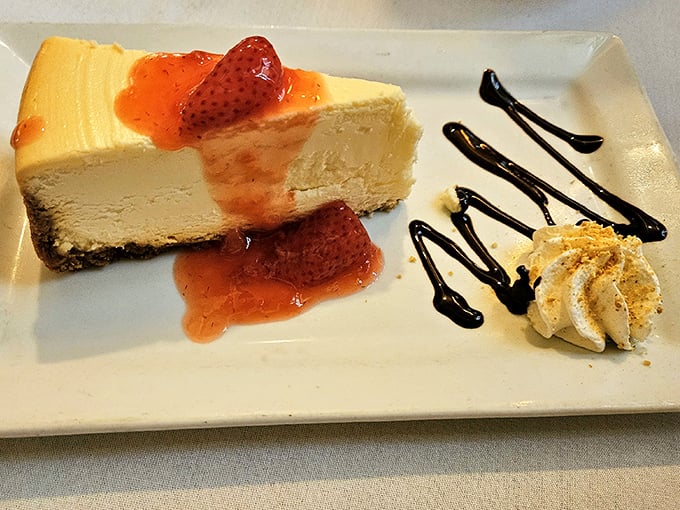 New York cheesecake gets an Italian vacation with strawberry sauce that makes you wonder why you'd ever waste calories on lesser desserts.