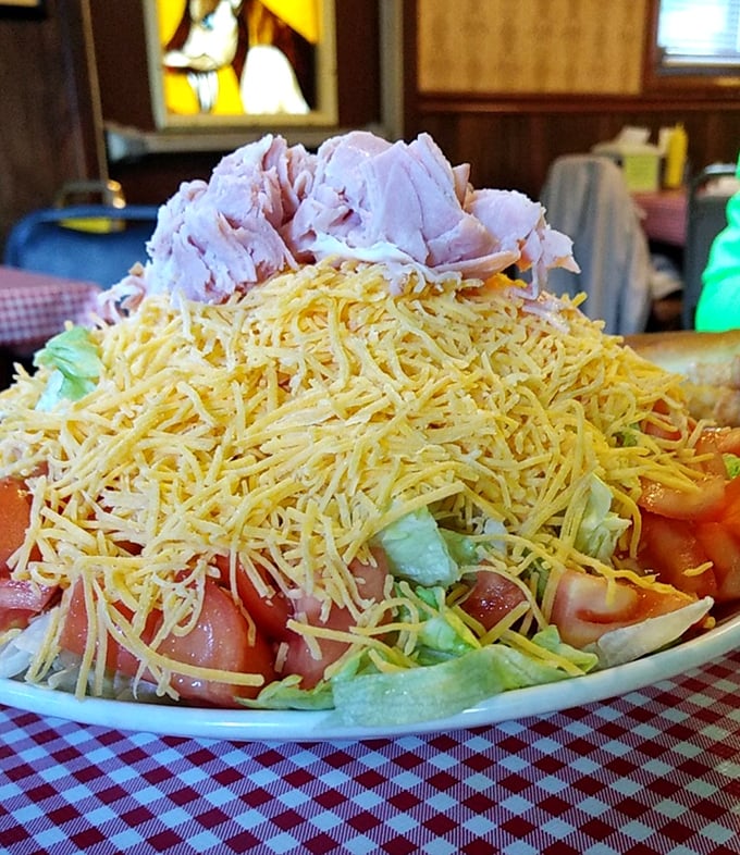 The chef salad arrives like a mountain of Midwest abundance—ham, cheese, and fresh veggies in portions that suggest leftovers are definitely in your future.